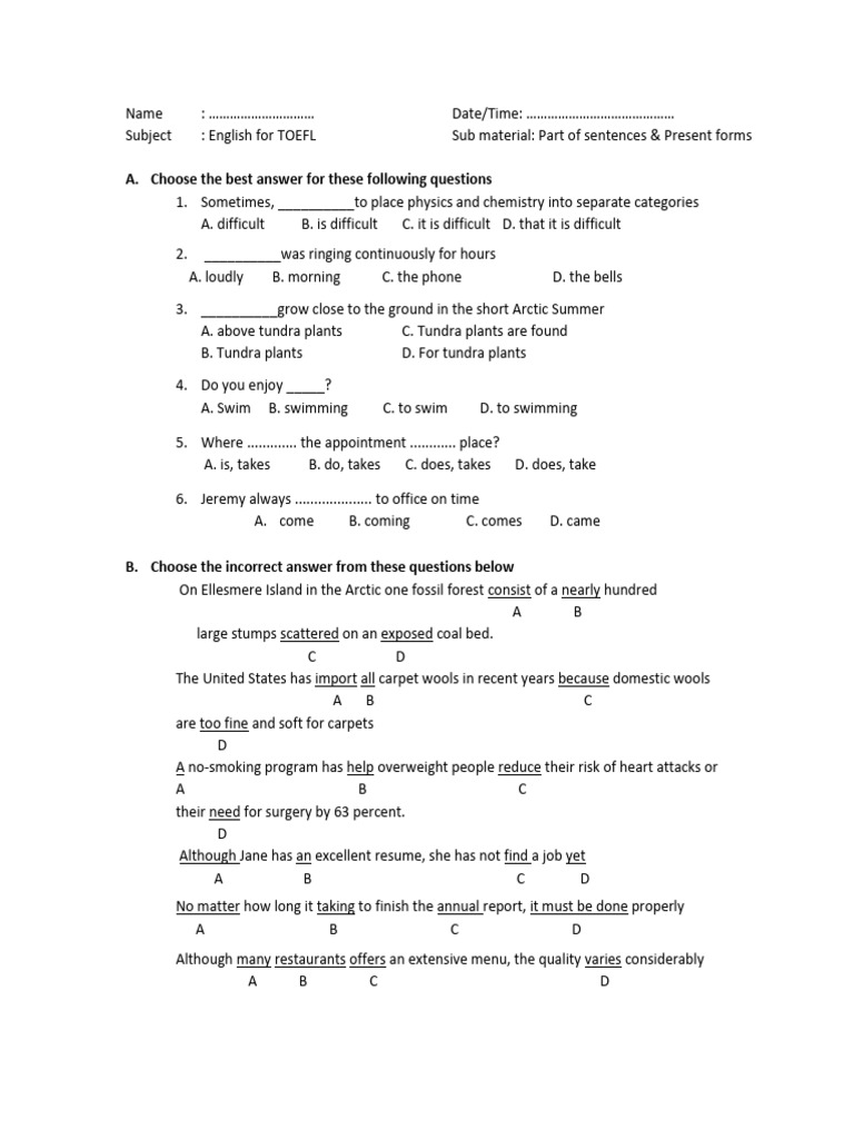 Present Forms TOEFL Exercise | PDF