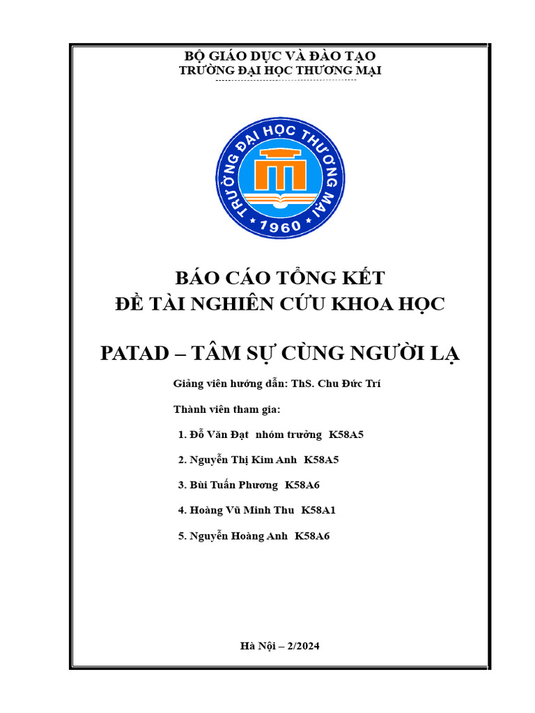 Patad - Tâm Sự Cùng Ngƣời Lạ: Báo Cáo Tổng Kết Đề Tài Nghiên Cứu Khoa ...