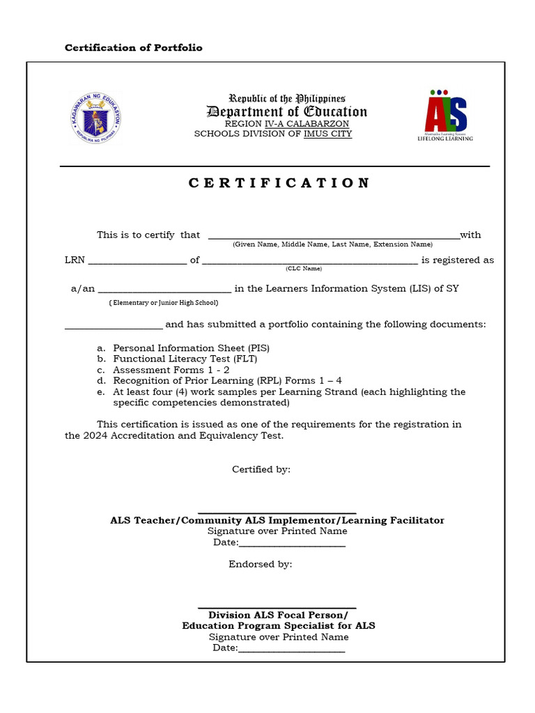 Certification of Portfolio | PDF