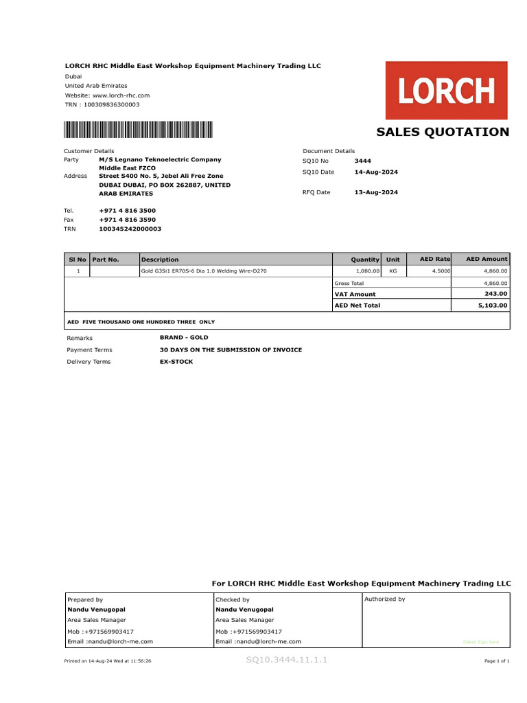 LORCH RHC Sales Quotation for Welding Wire | PDF | Dubai | Payments