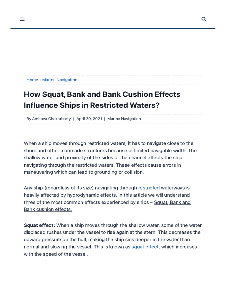 Effects of Squat and Bank on Ships | PDF | Fluid Dynamics | Ships