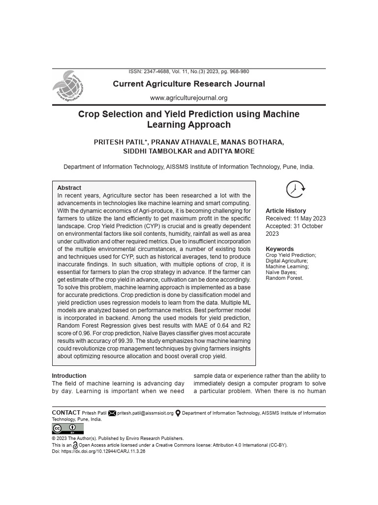Crop Selection and Yield Prediction | PDF | Machine Learning | Agriculture