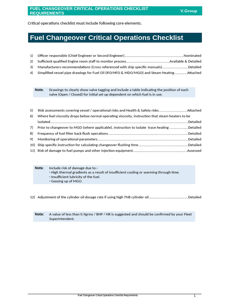 Fuel Changeover Critical Operations Checklist Requirements | PDF | Fuel ...