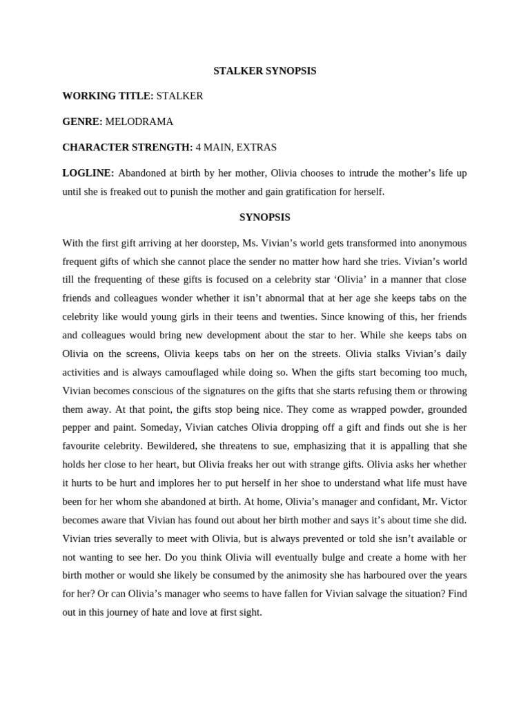 Stalker Synopsis | PDF | Mystery, Thriller & Crime Fiction