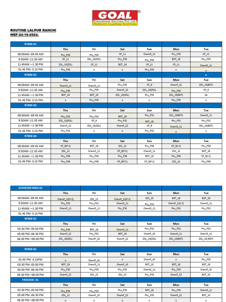 Lalpur Ranchi Class Schedule 2024 | PDF | Physical Sciences | Natural Sciences