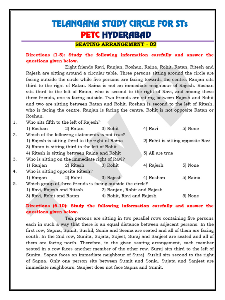 Circular Seating Arrangement Questions | PDF