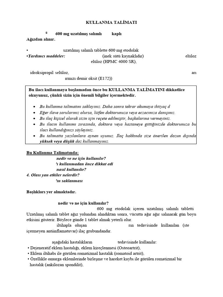 ETOTAC SR 600 MG Uzatilmis Salimli Film Kapli Tablet KT | PDF
