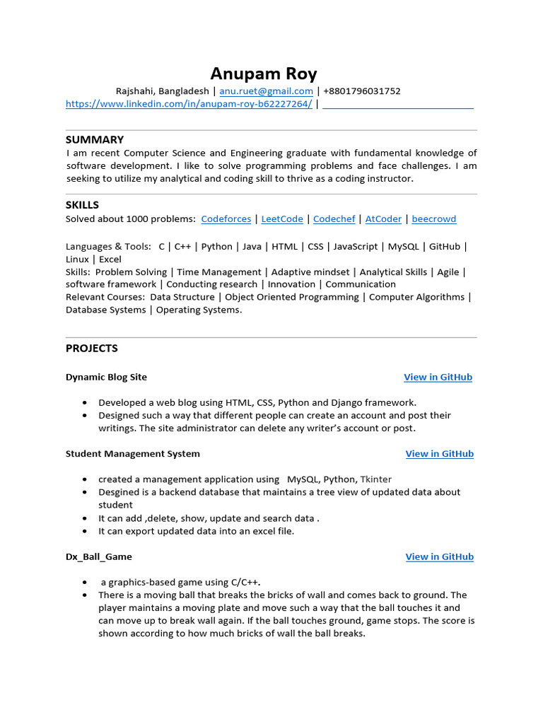 Anupam Roy CV For Coding Instuctor | PDF | Computer Programming | Object Oriented Programming