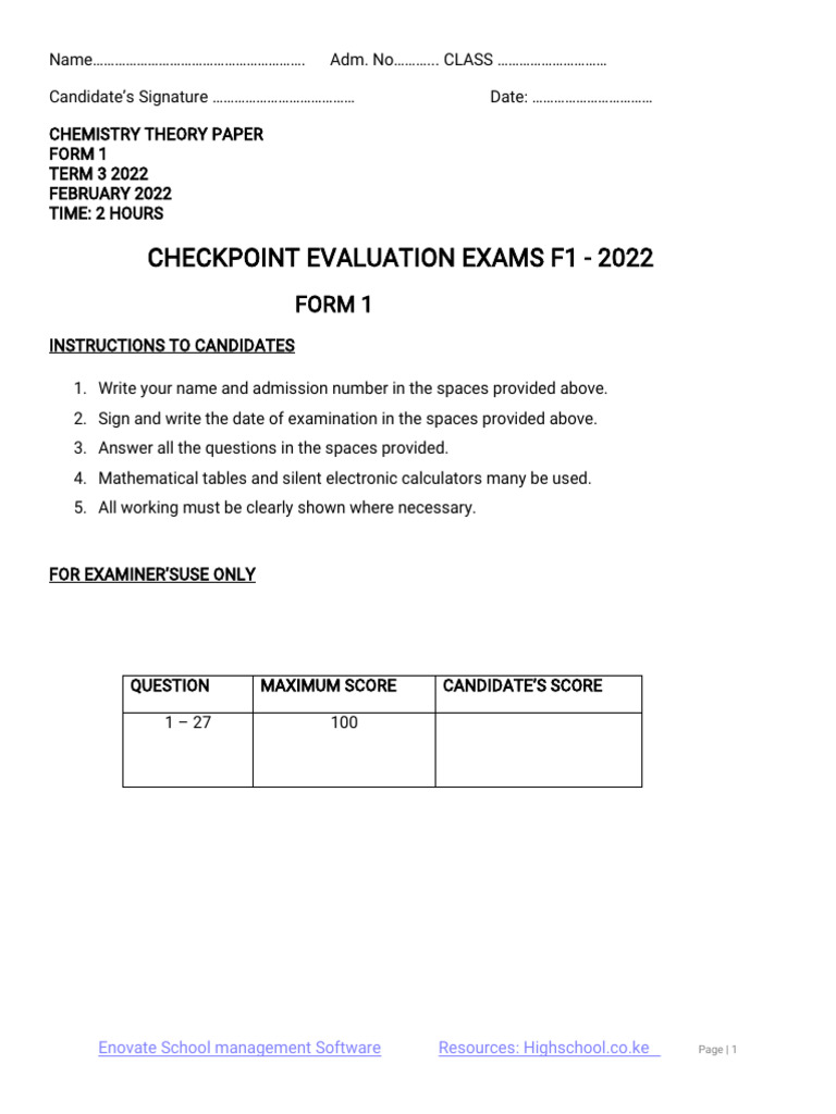 233 CHEMISTRY Form One Questions EndTerm 3 2022 | PDF