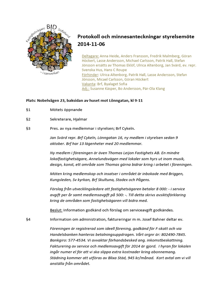 Styrelsemöte Protokoll Och Minnesanteckningar | PDF