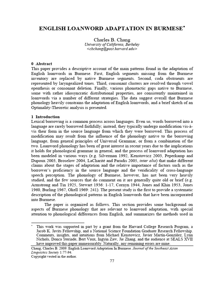 English Loanword Adaptation in Burmese: Charles B. Chang | PDF ...