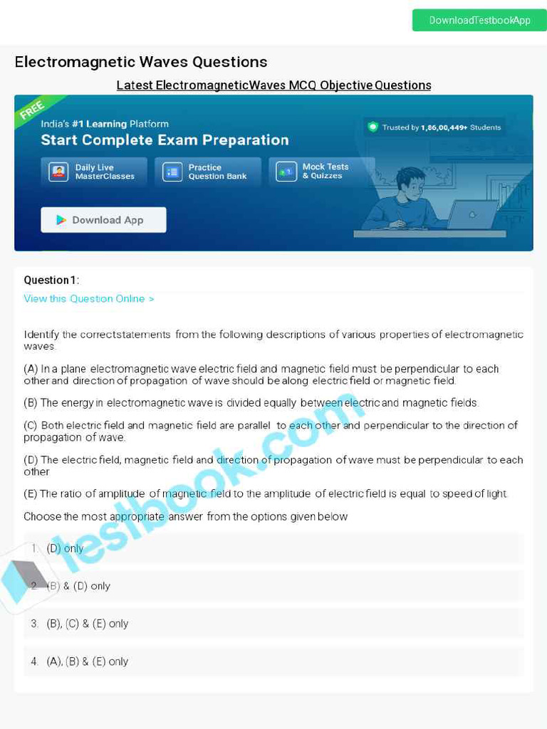 MCQ On Electromagnetic Waves 5eea6a1339140f30f369efe6 | PDF