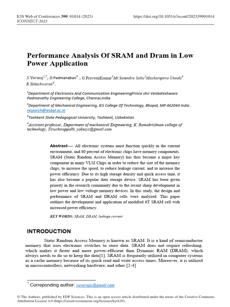 Performance Analysis of SRAM and Dram in Low Power | PDF | Random Access Memory | Dynamic Random ...