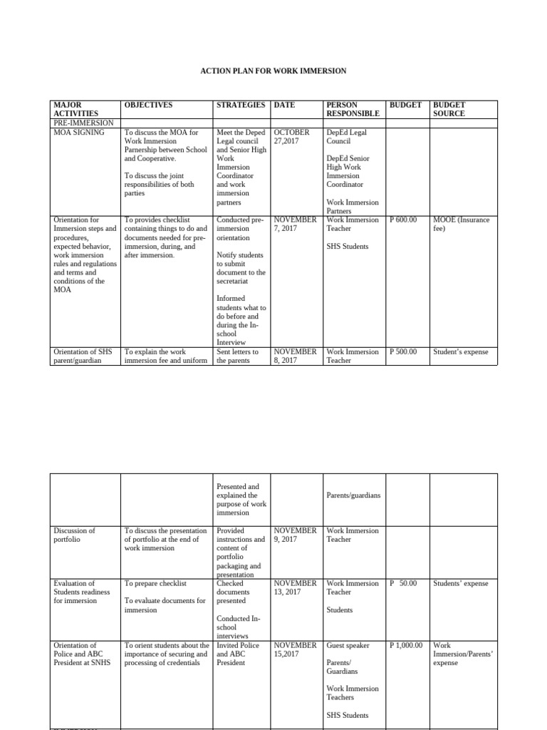 Action Plan for Work Immersion | PDF