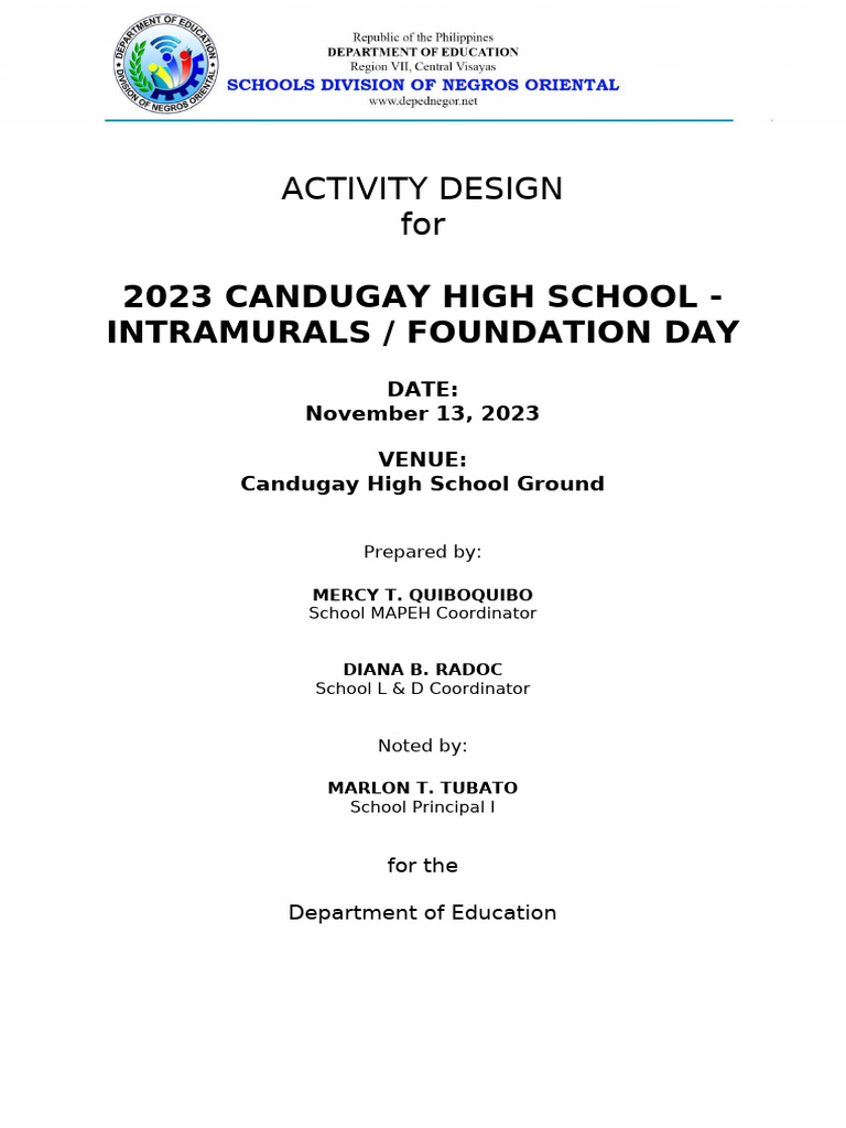 Activity Design Foundation Day Candugay Hs 1 | PDF | Teachers | Disciplines