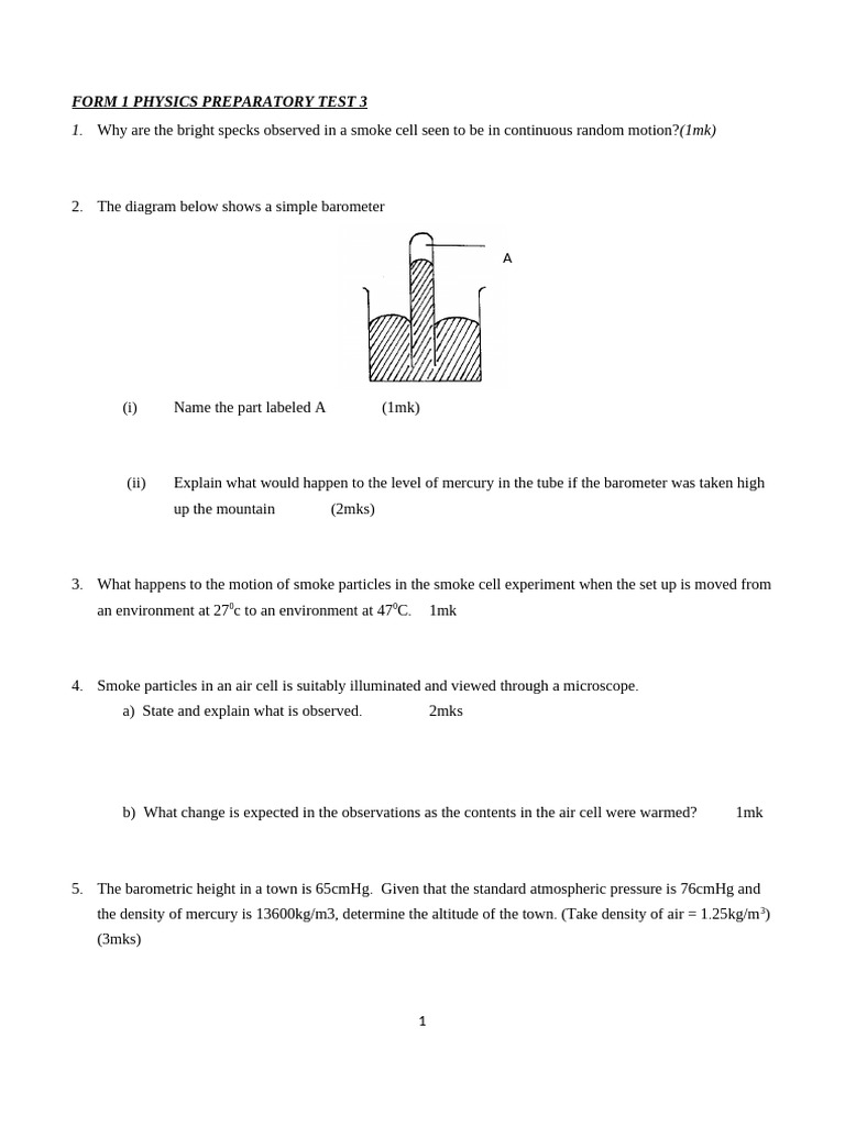 Form 1 Physics Preparatory Test 3 | PDF | Liquids | Pressure