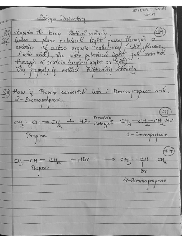 Halogen Derivatives Notes Question Answer Form | PDF