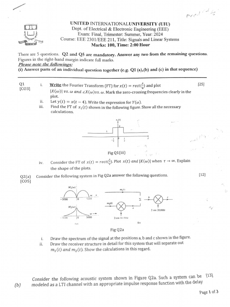 Signals & Linear Systems - Final - Summer - 2024 | PDF