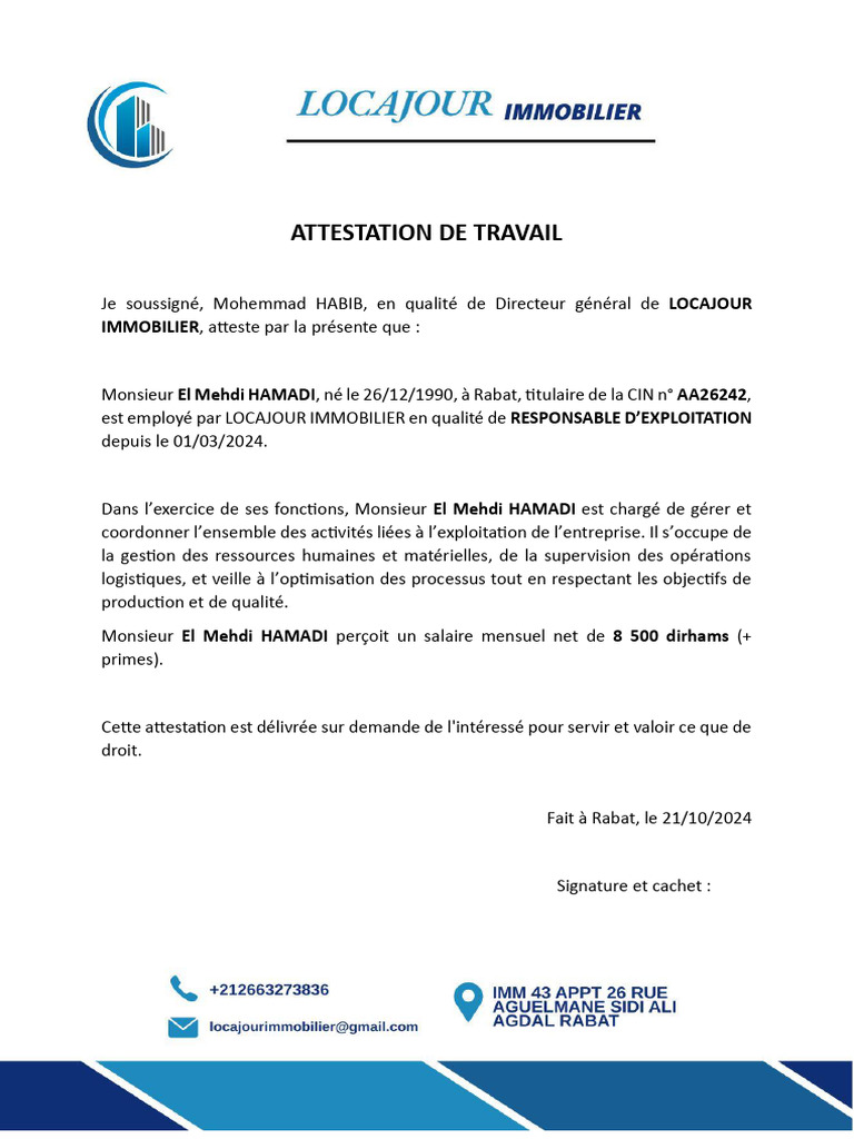 Attestation de travail de Mehdi Hamadi | PDF | Droit