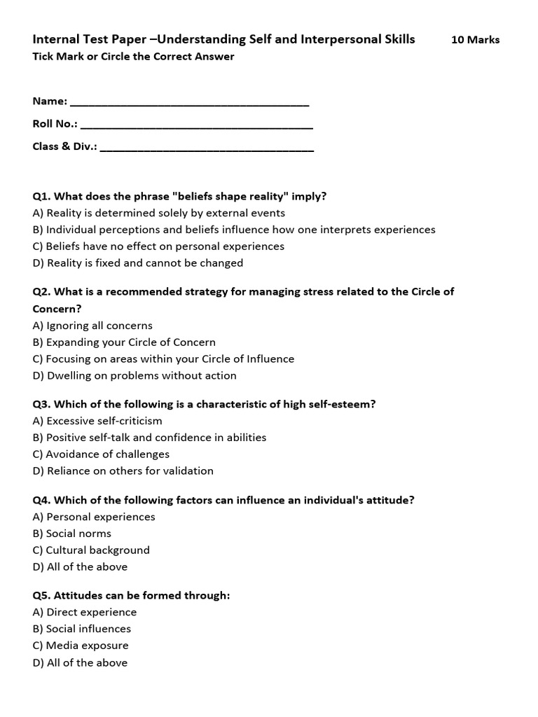 Internal Test Paper - Understanding Self and Interpersonal Skills | PDF ...