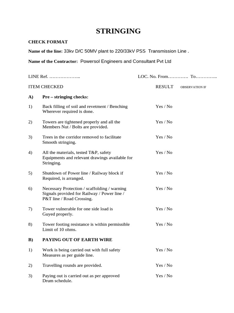 STRINGING CHECKLIST-KSKTL (Large Span) | PDF | Insulator (Electricity ...