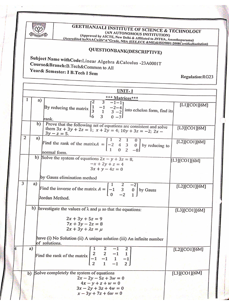 Maths UNIT 1&2 Questions For Mid Exam | PDF