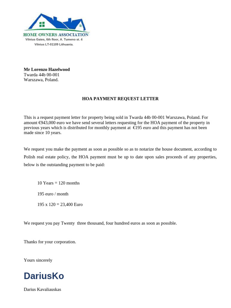 HOA Payment Request for Property Sale | PDF | Law