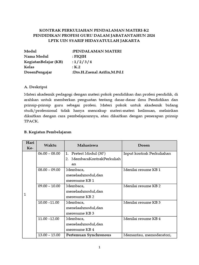 Kontrak Perkuliahan Fiqih PPG 2024 | PDF