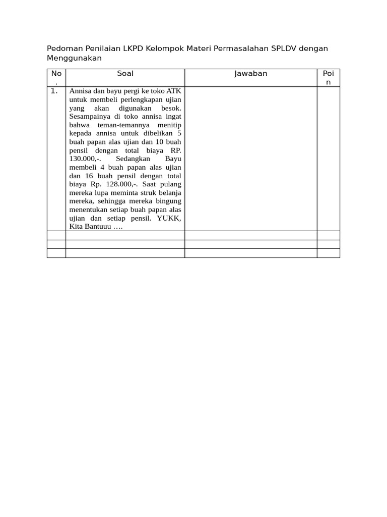 Pedoman Penilaian LKPD Kelompok Materi Permasalahan SPLDV Dengan ...