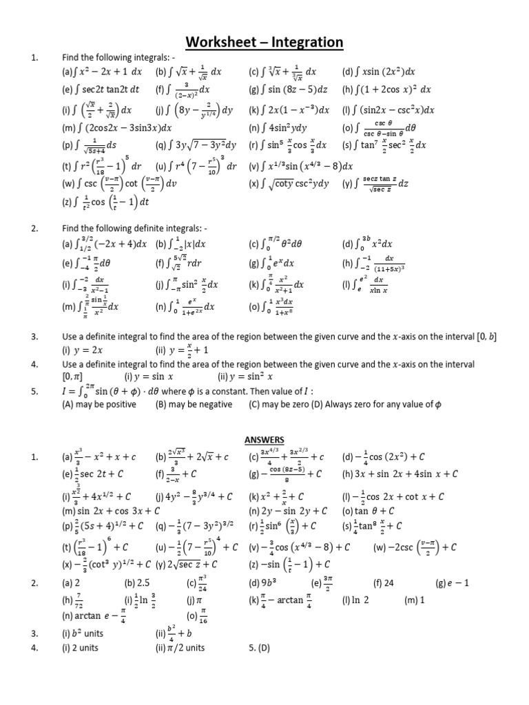 Integration Worksheet with Solutions | PDF | Mathematical Analysis ...