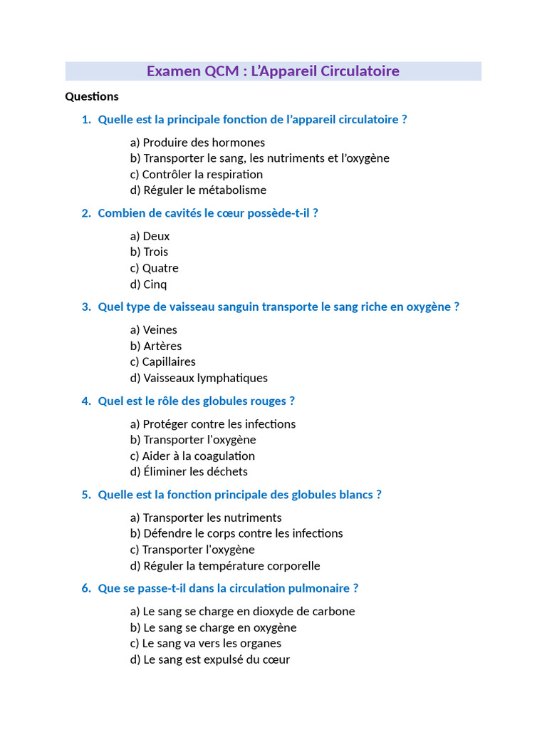 Examen QCM sur l'Appareil Circulatoire | PDF | Sang | Cœur