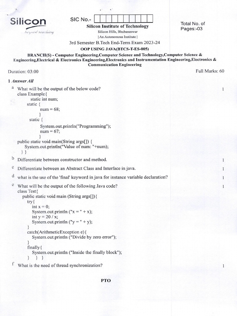 Opp Using Java (Btcs-T-Es-005) - End Term Exam - 2023-2024 | PDF