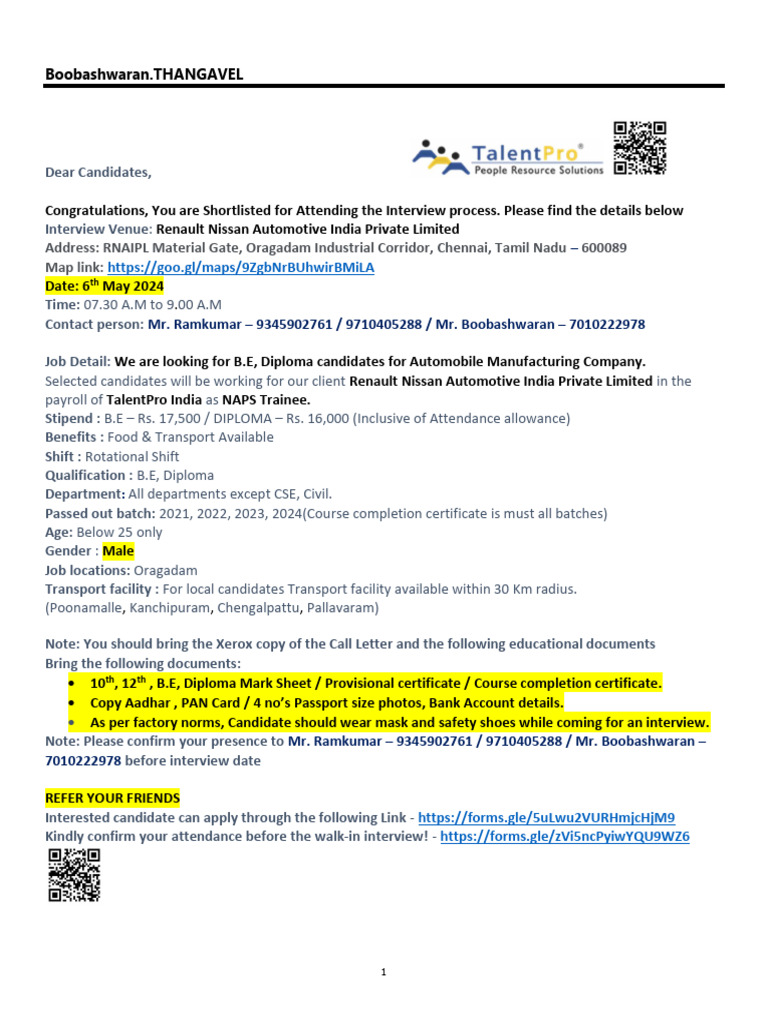 RNAIPL - Interview Call Letter - 6th May 2024 | PDF | Career & Growth