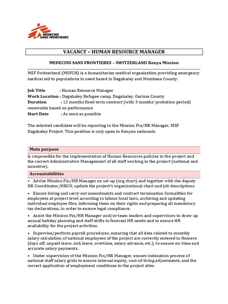 HR Manager Job at MSF Dagahaley | PDF | Human Resources | Human ...