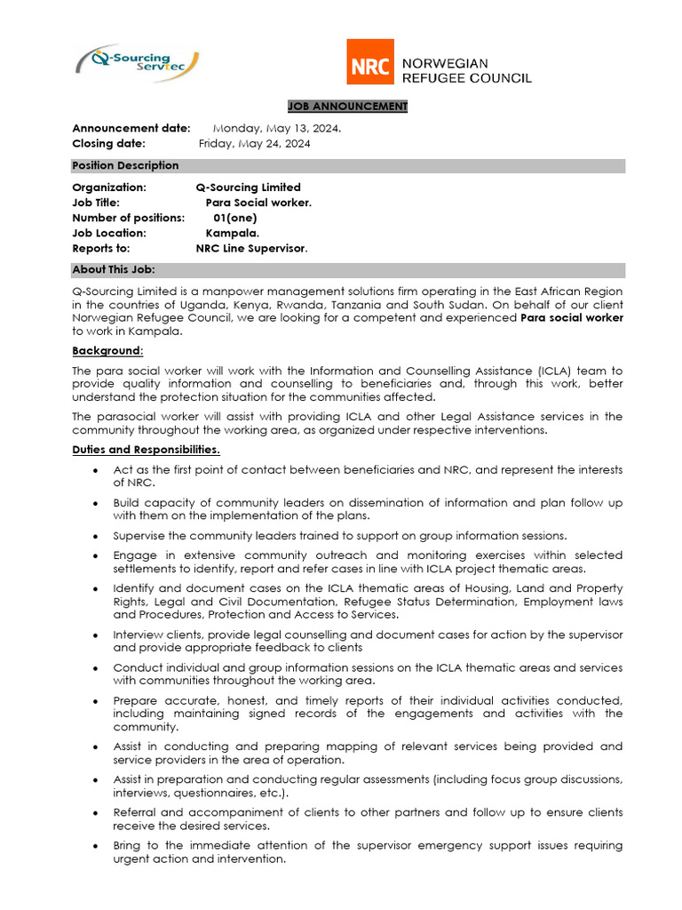NRC Para Social Worker Position in Uganda | PDF