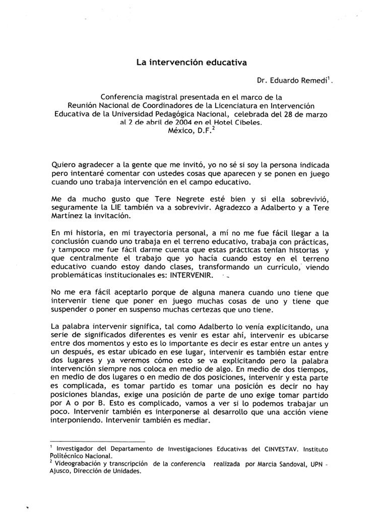 Eduardo Remedi. Conferencia. La Intervencion Educativa | PDF