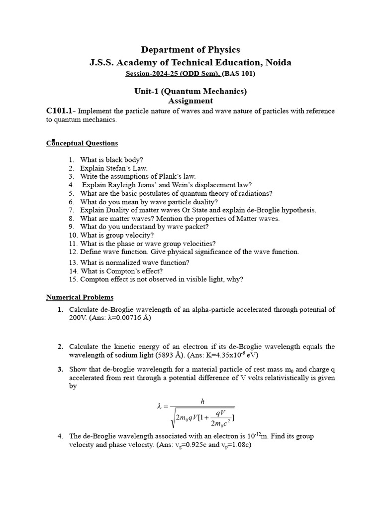 UNIT 1 QUANTUM MECHANICS ASSIGNMENT.docx | PDF | Waves | Quantum Mechanics