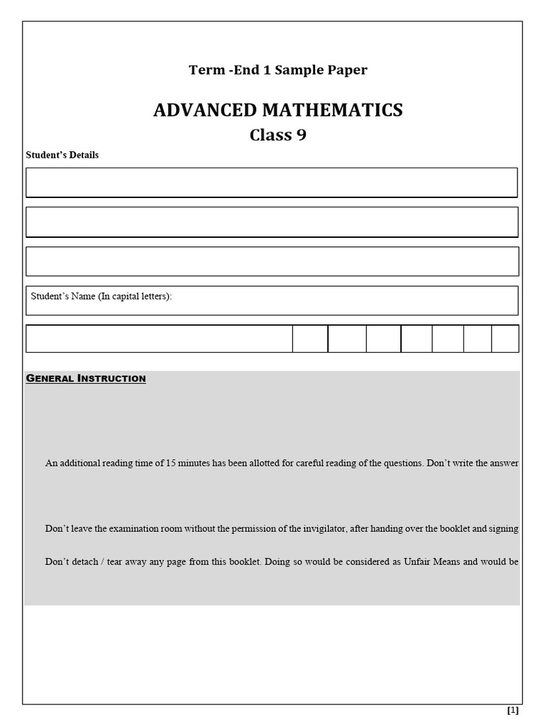 Advanced Maths - Sample Paper - Class 9 (2024-25) | PDF | Polynomial ...