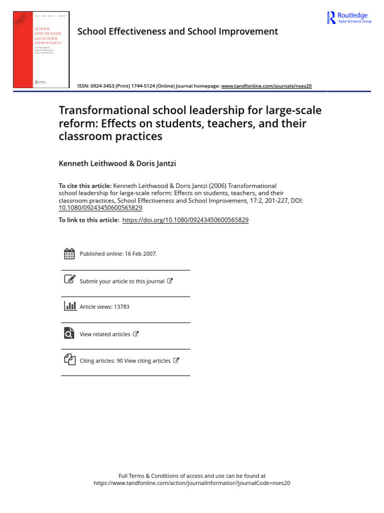 Transformational Leadership in Schools | PDF | Teachers | Leadership