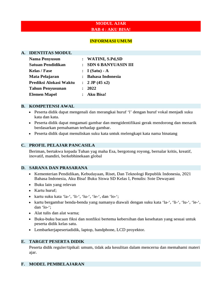 Modul Ajar Kelas 1 Bina Bab 4 Pdf