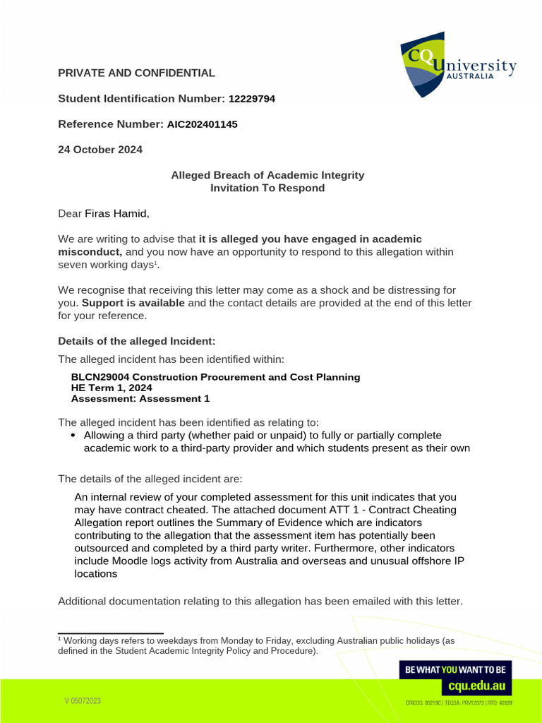 Alleged Breach of Academic Integrity - Invitation To Respond(1) | PDF ...