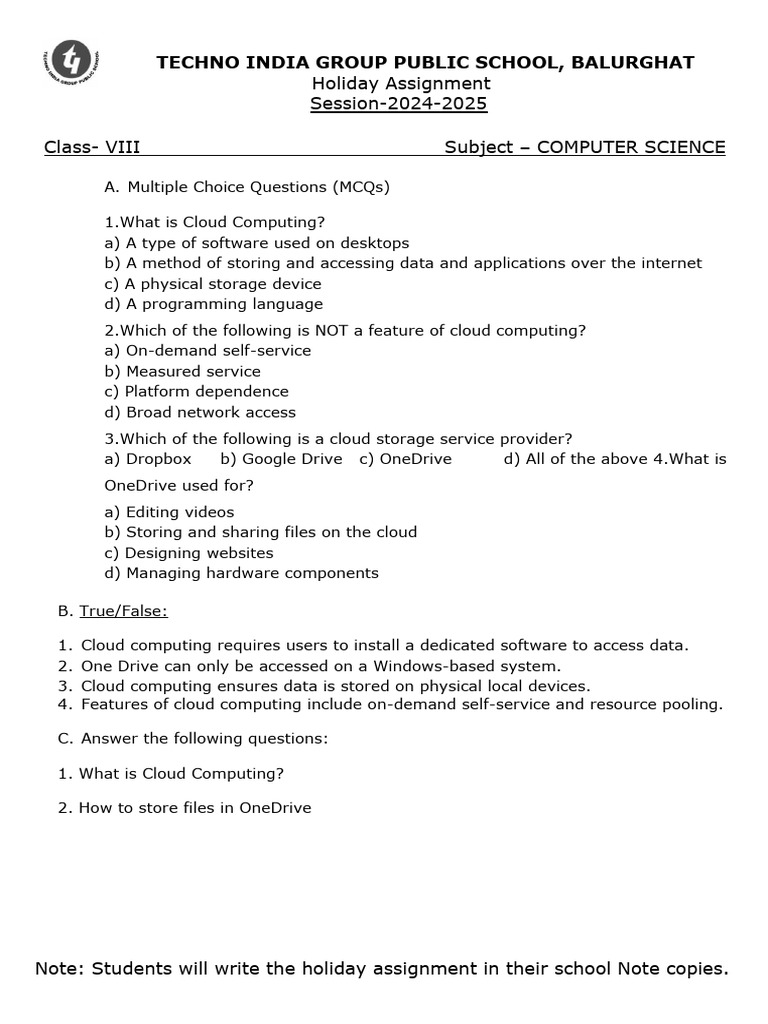 CLASS VIII CSC Holiday Assignment | PDF
