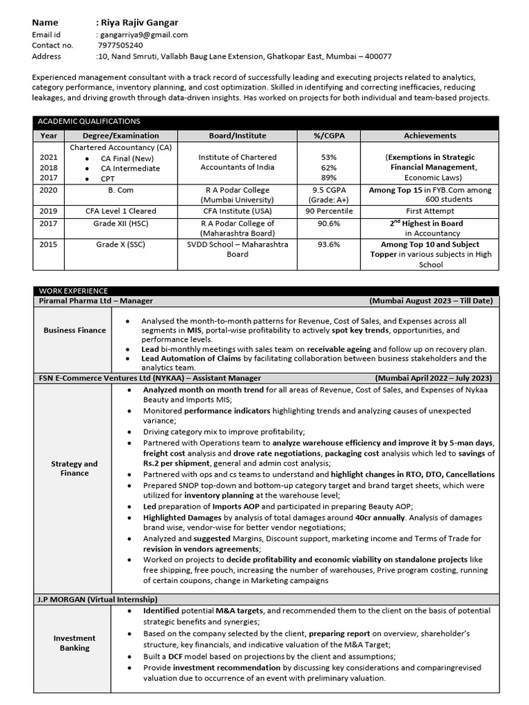 Resume Ca - CA Riya Gangar Final PDF | PDF | Marketing | Valuation (Finance)