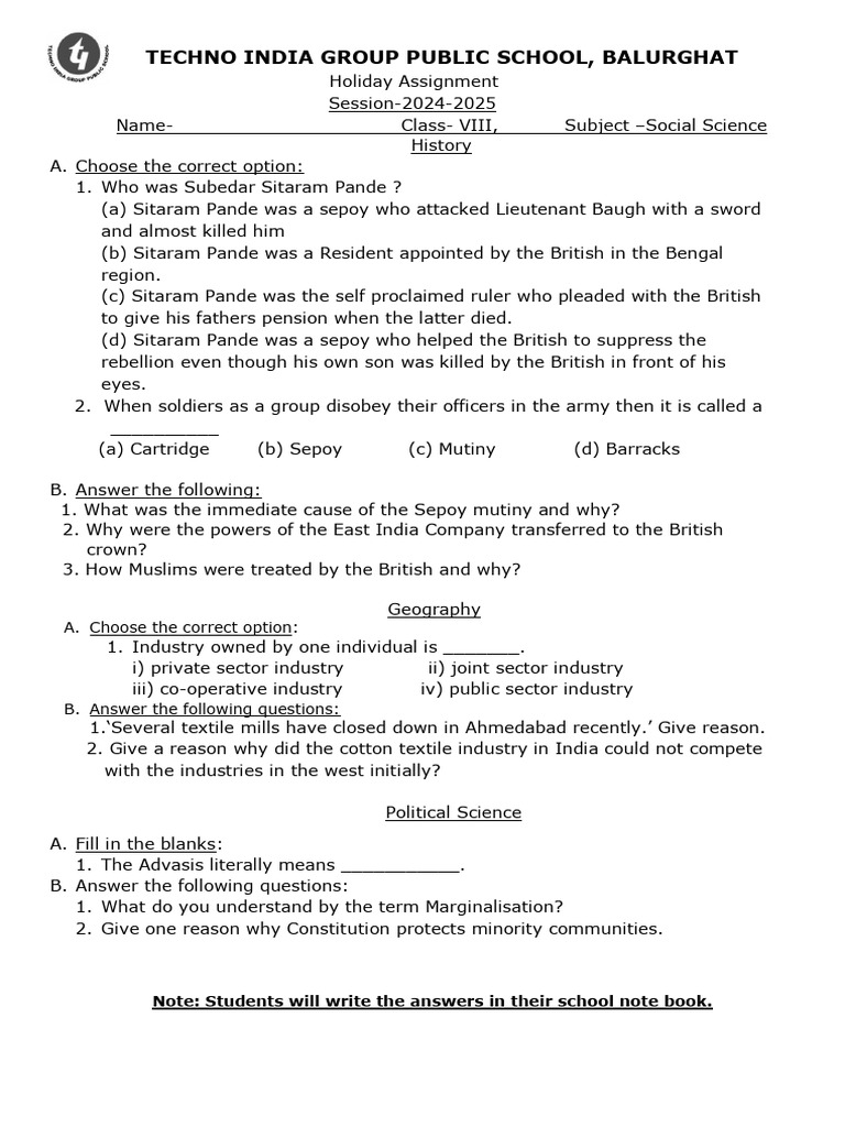 Class VIII Social Science Tasks | PDF | Travel