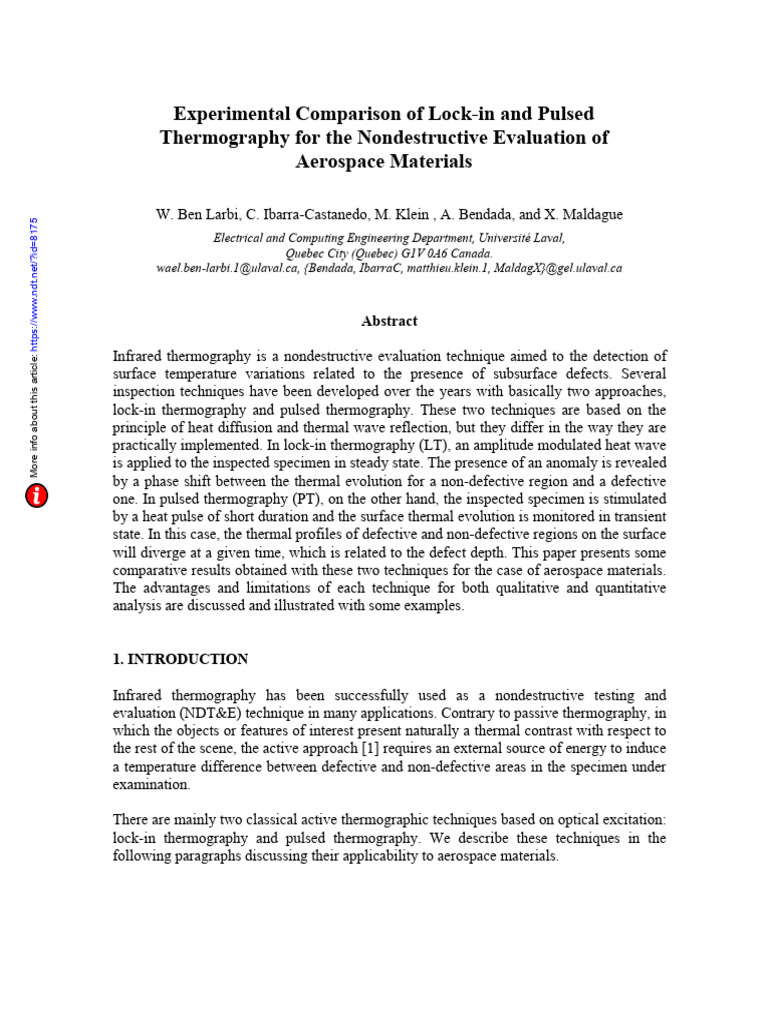 Experimental Comparison of Lock-In and Pulsed Thermography For The ...