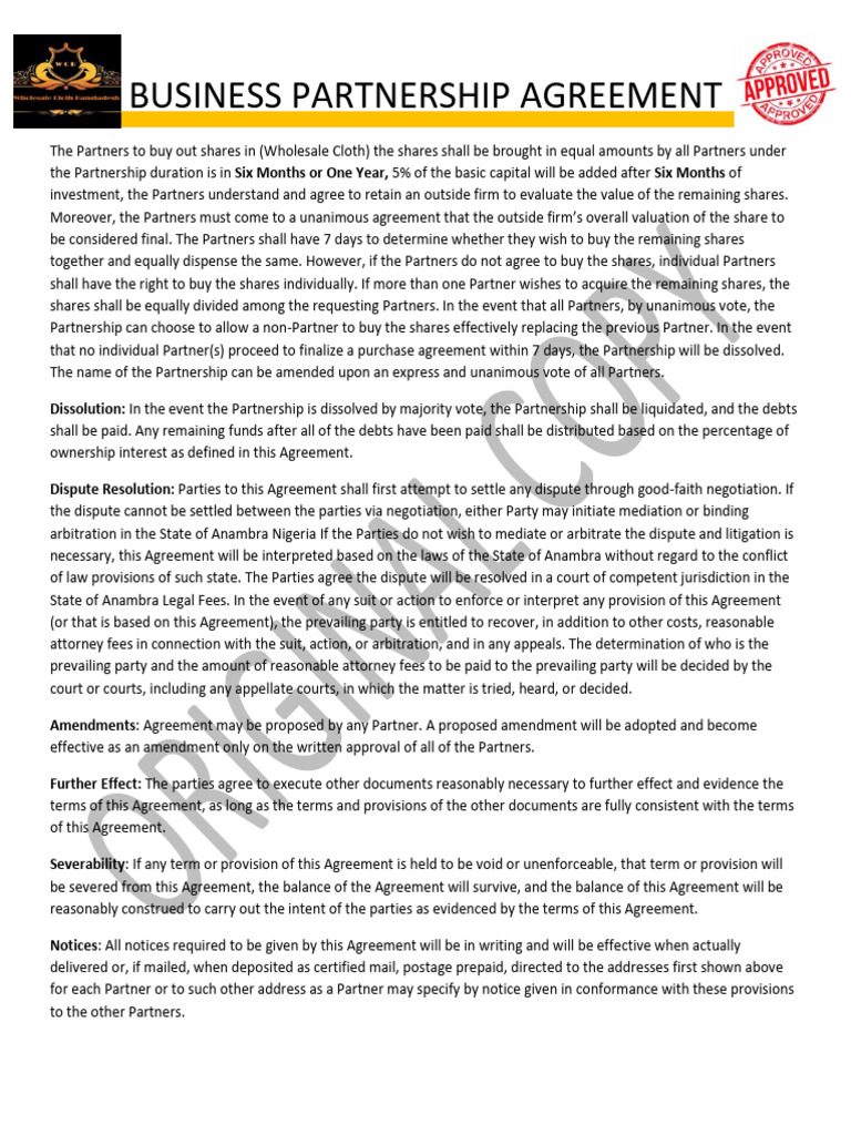 Business Partnership Agreement Template | PDF | Partnership | Lawsuit