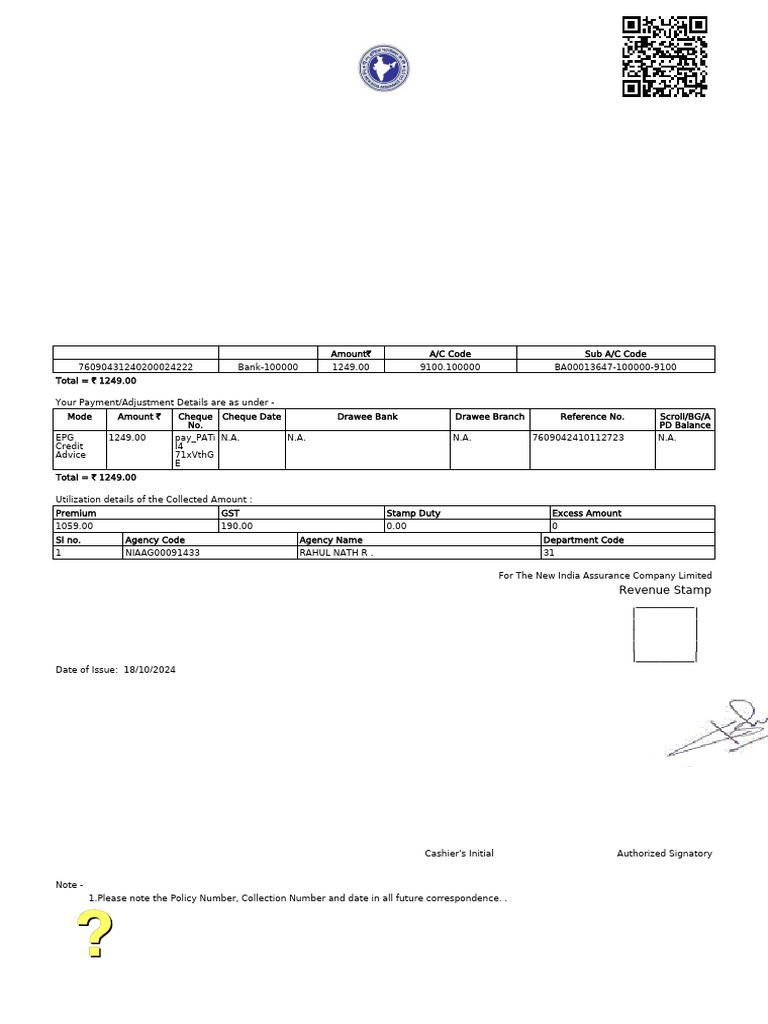 New India Assurance Payment Receipt | PDF | Taxation | Government Finances