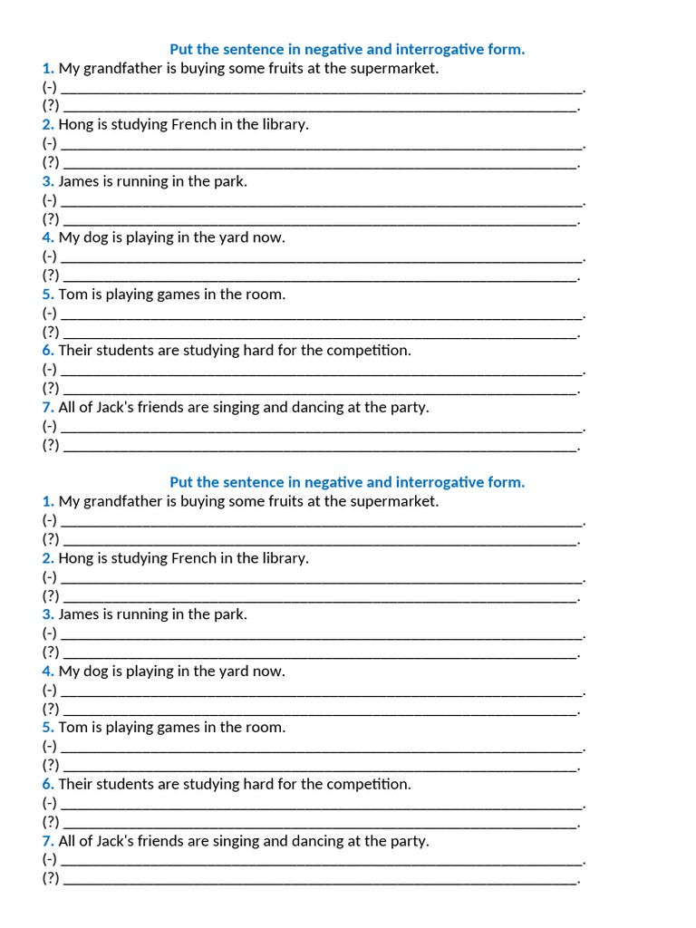 (GRADE 6) UNIT 3 - GRAMMAR - Put The Sentence in Negative and Interrogative Form | PDF | Grammar ...