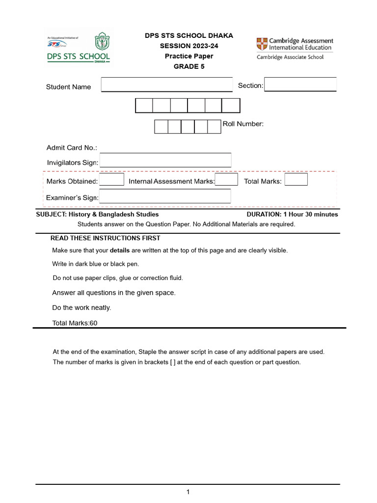 Grade 5 - History Practice Paper | PDF