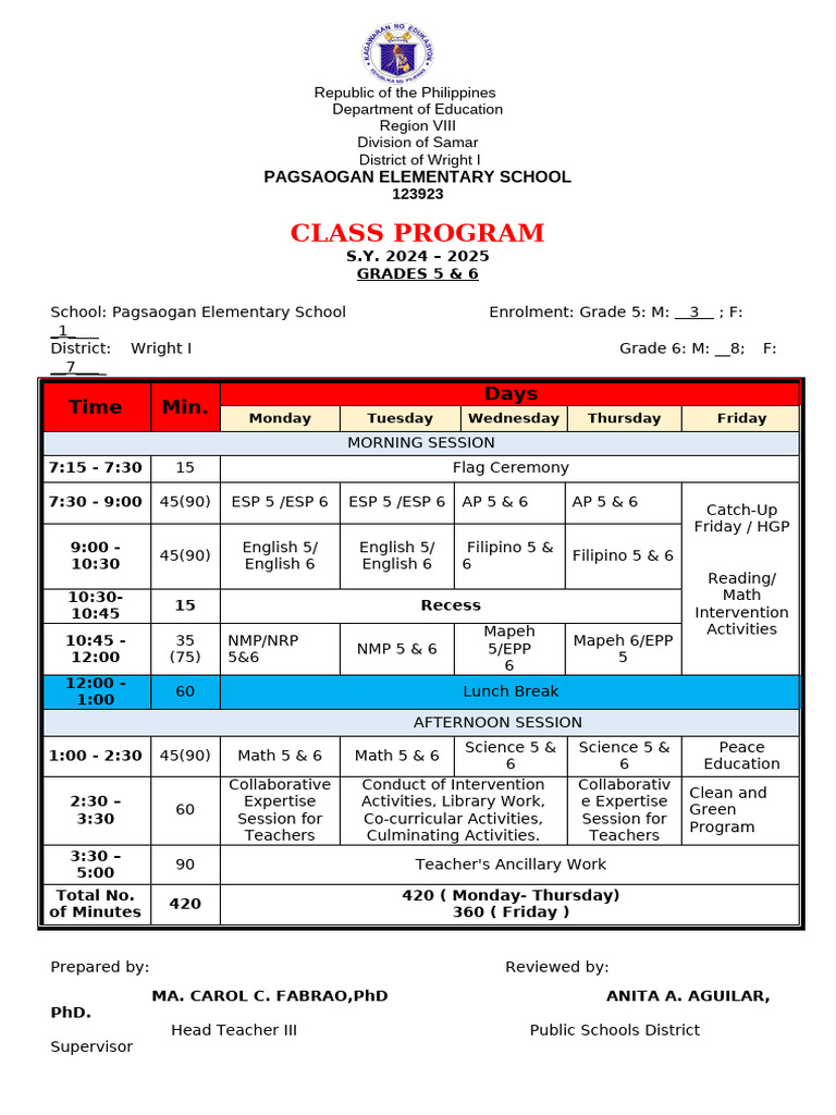 Class Program 2024 2025 Grade 5&6 | PDF